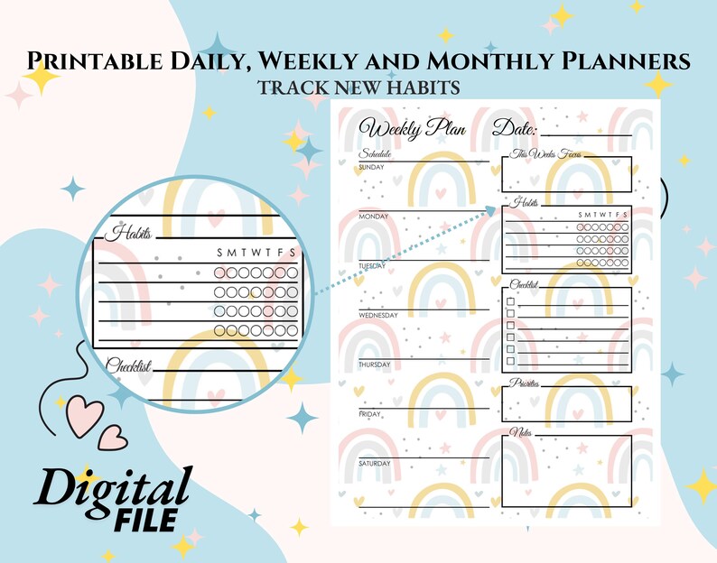 Rainbow Printable Daily Planner, Weekly Planner, Monthly Planner Bundle ...