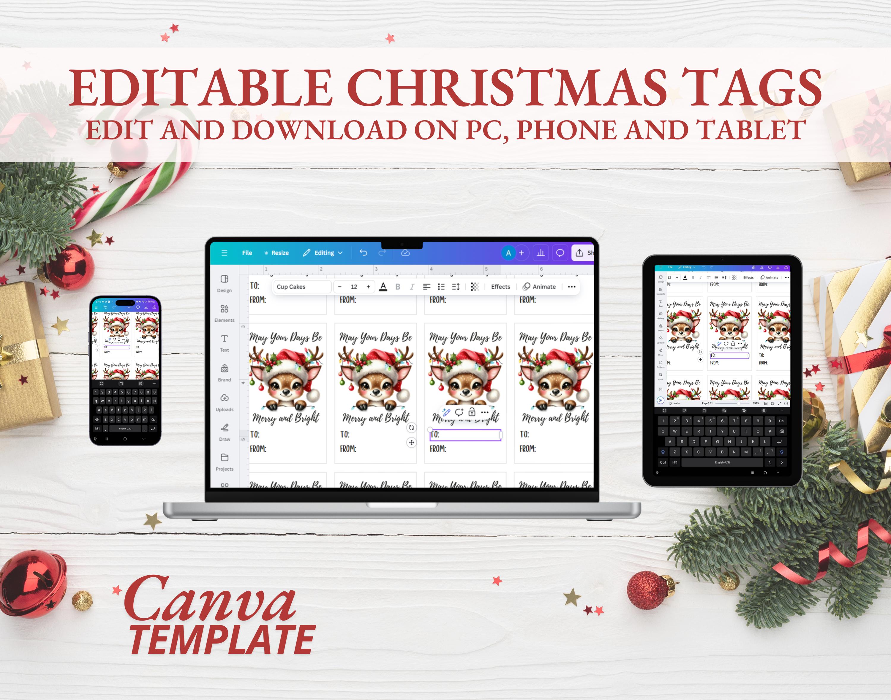 Christmas Gift Tag Printable Canva Template Adorable Reindeer! Each Tag ...