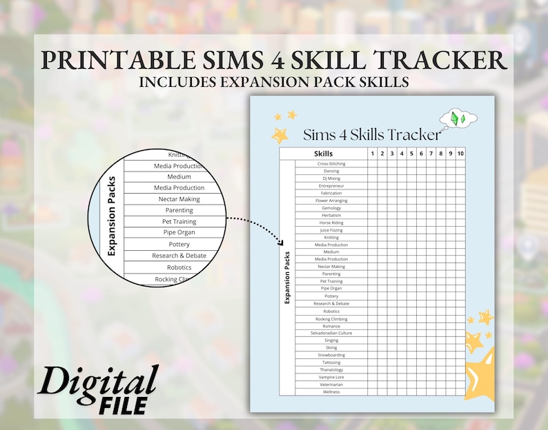 Printable Sims 4 Skill Tracker Planner Sheet Bundle Expansion and Base ...