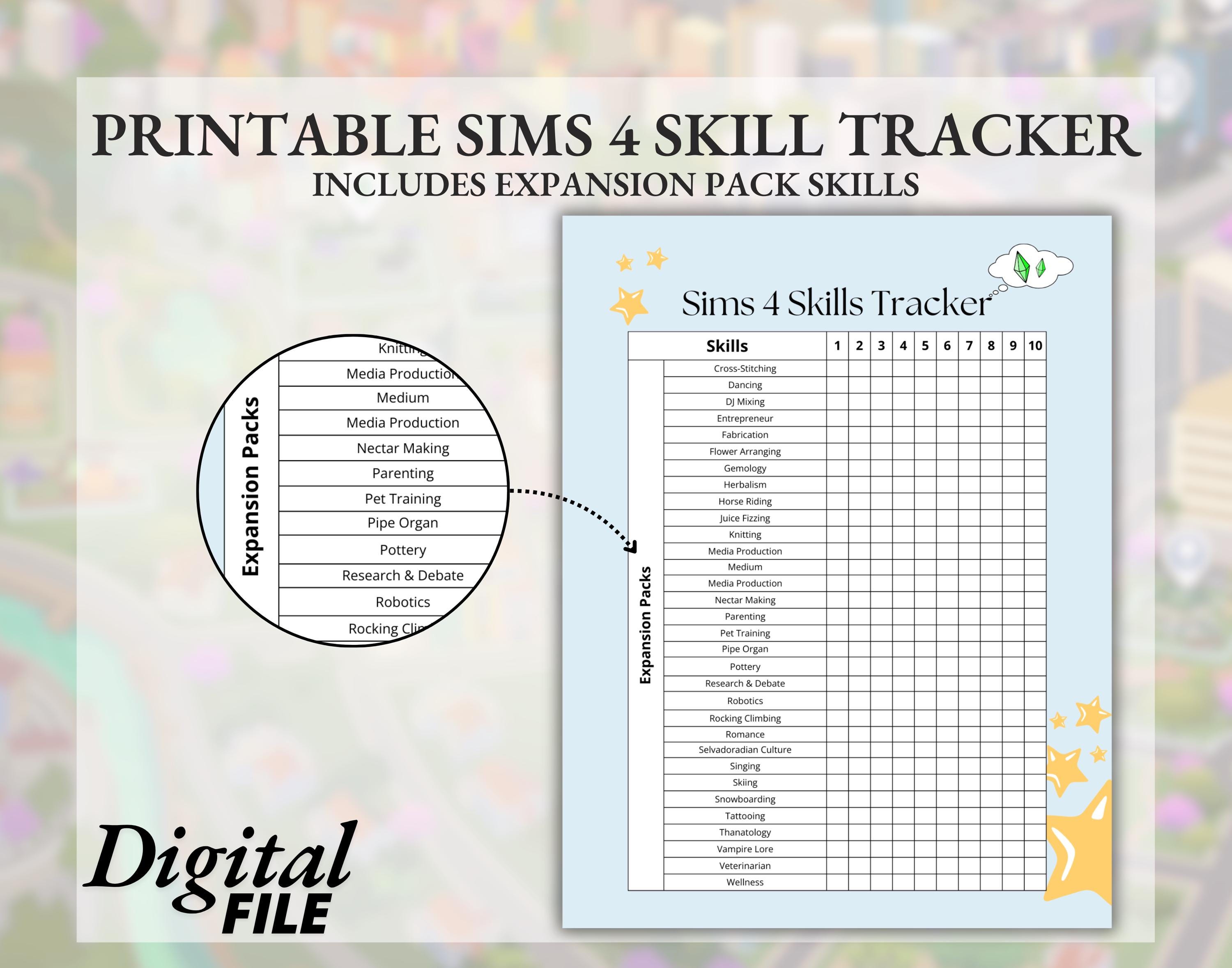 Printable Sims 4 Skill Tracker Planner Sheet Bundle Expansion and Base ...
