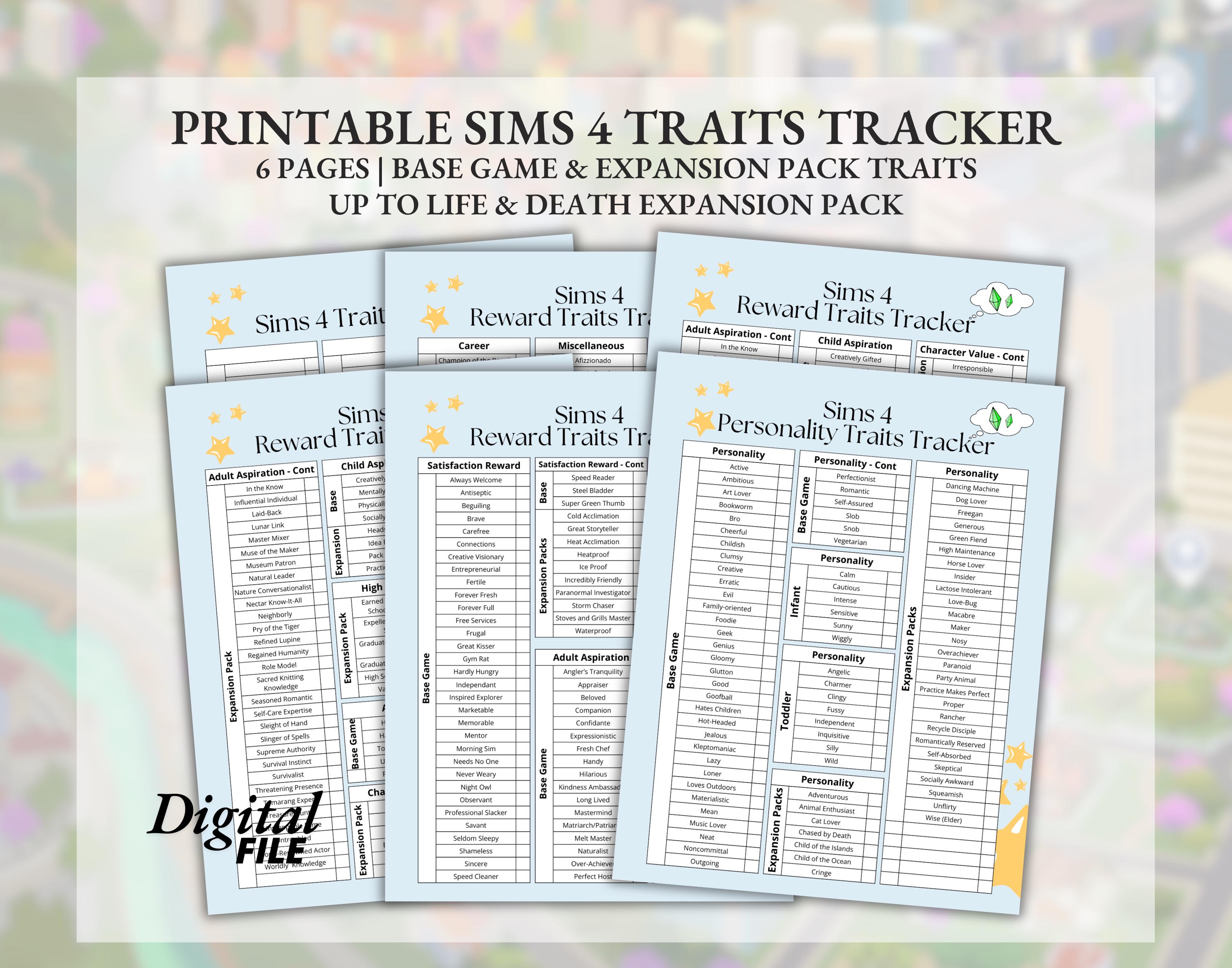 Printable Sims 4 Traits Planner Sheet Bundle Expansion and Base Game ...