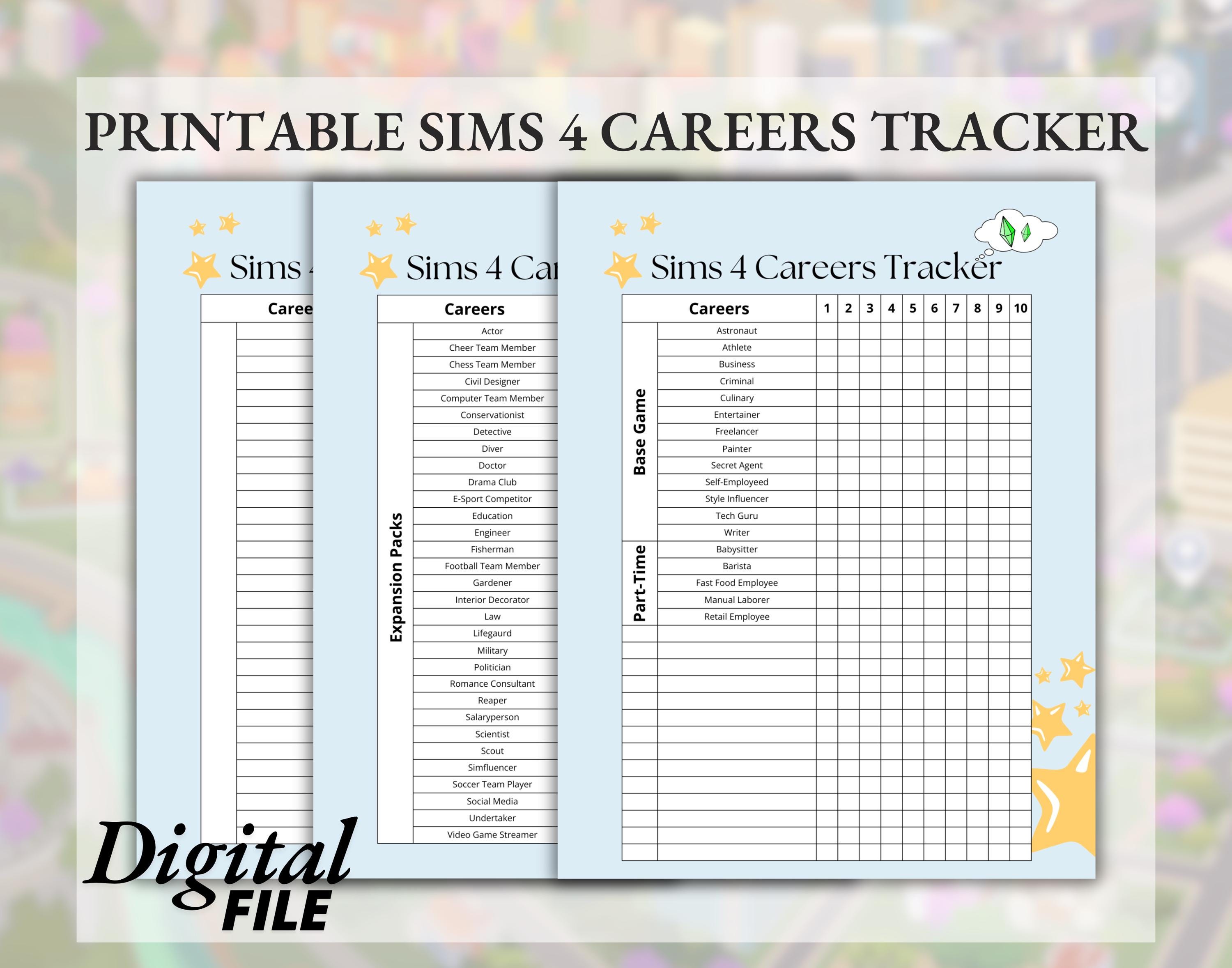 Printable Sims 4 Career Tracker Planner Sheet Bundle Expansion and Base ...