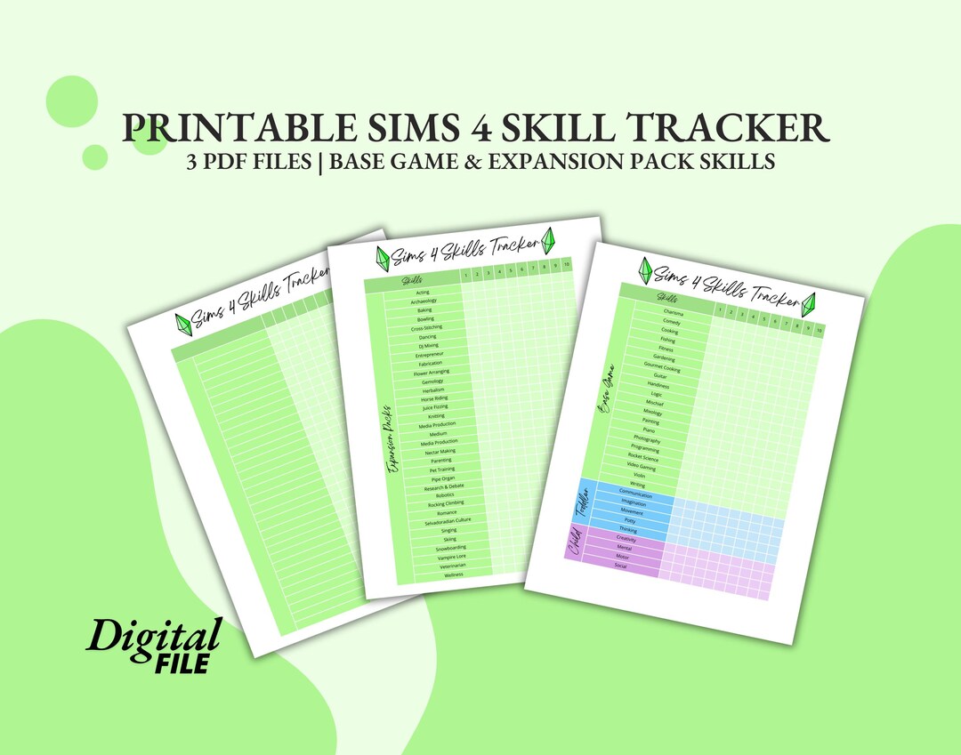 Printable Sims 4 Skill Tracker Planner Sheet Bundle - Expansion and ...