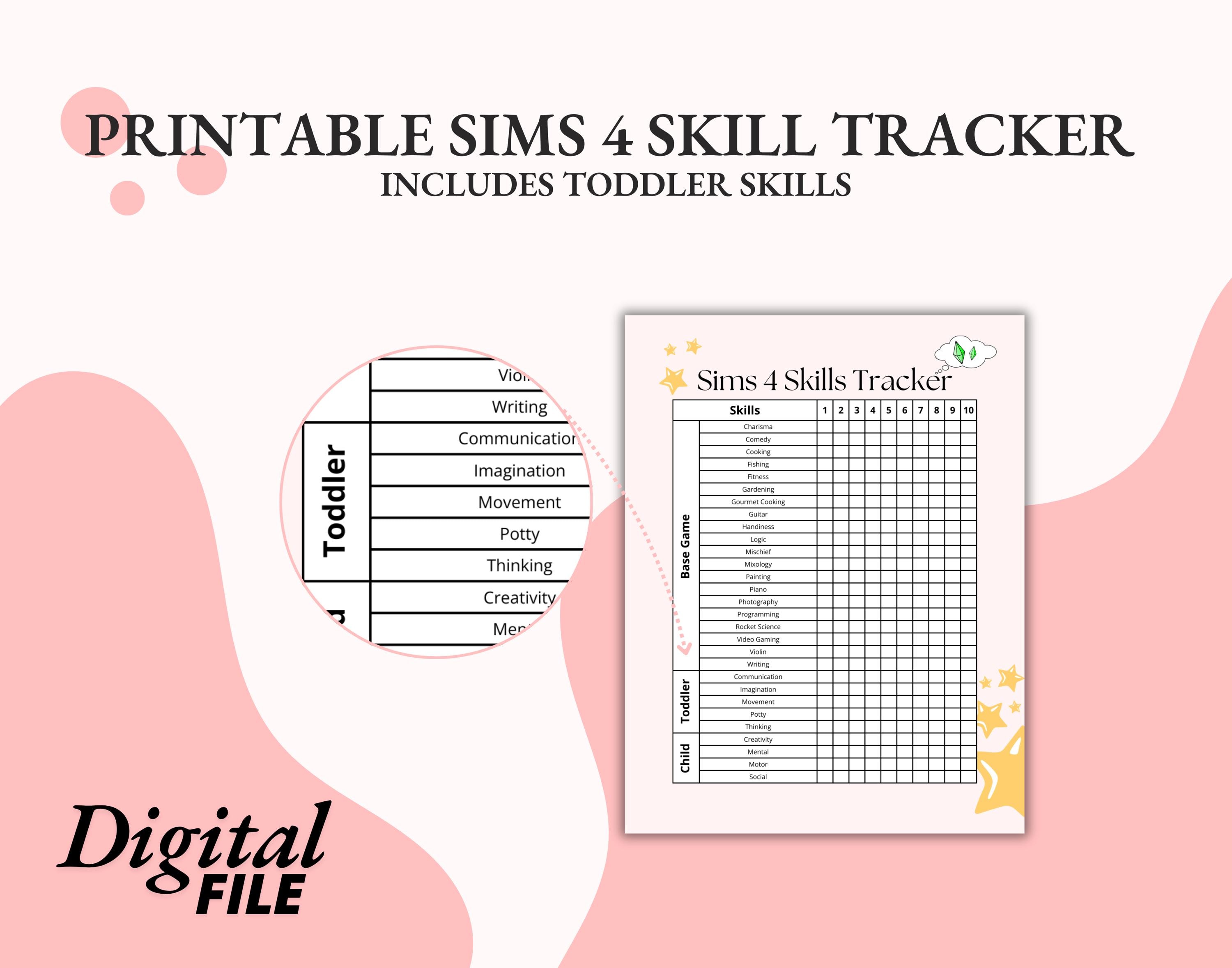 Cute Printable Sims 4 Skill Tracker Planner Sheet Bundle Expansion and ...