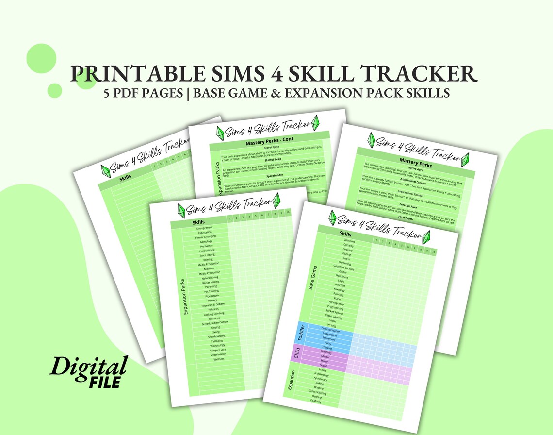 Printable Sims 4 Skill Tracker Planner Sheet Bundle - Expansion and ...