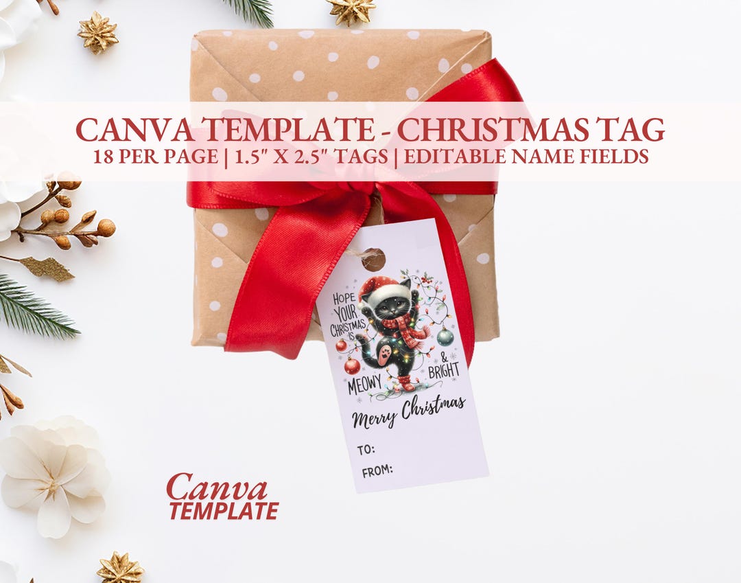 Christmas Gift Tag Printable Canva Template Cute Cat! Each Tag Measures ...