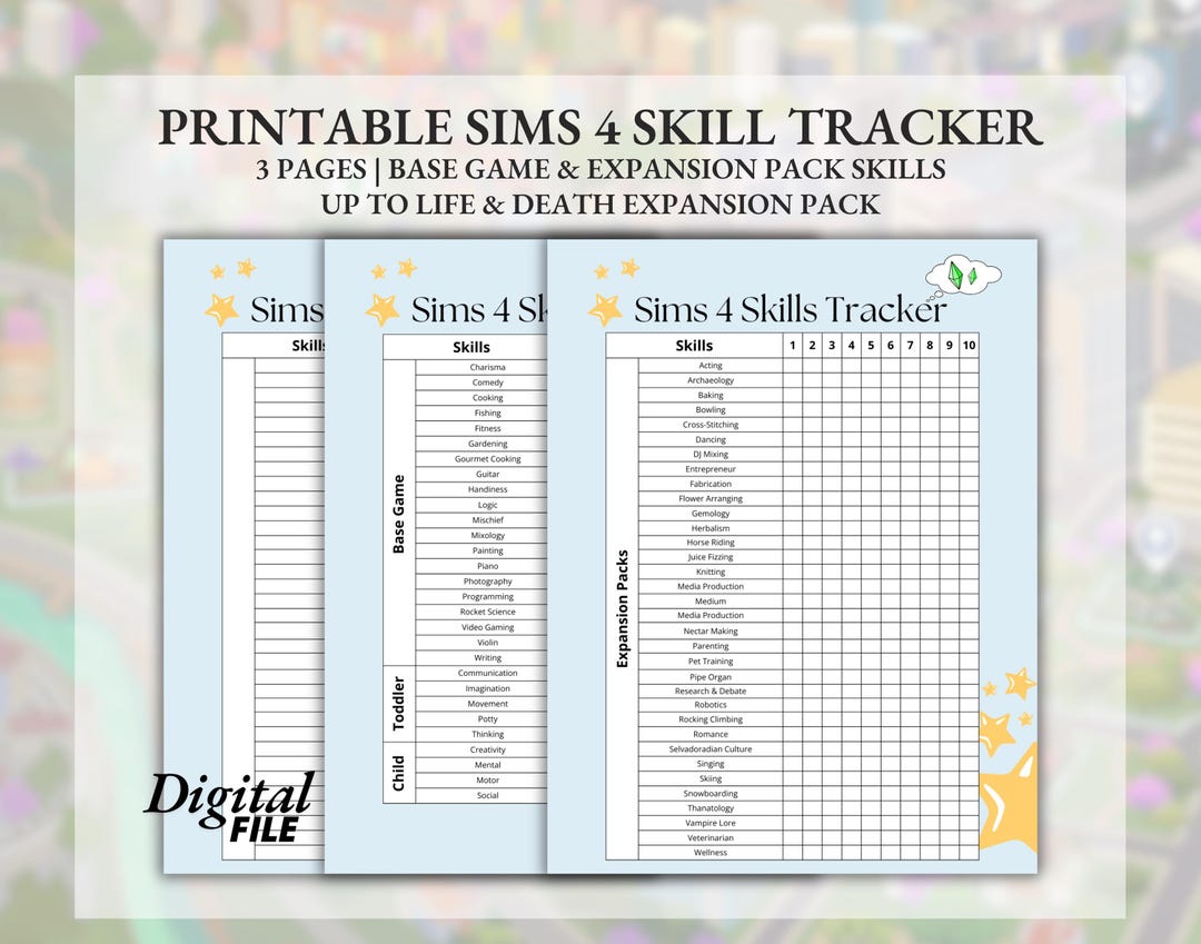 Printable Sims 4 Skill Tracker Planner Sheet Bundle Expansion and Base ...