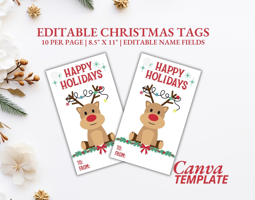 Holidays Gift Tag Editable Happy Reindeer Canva Template. 2" X 3.5 ...