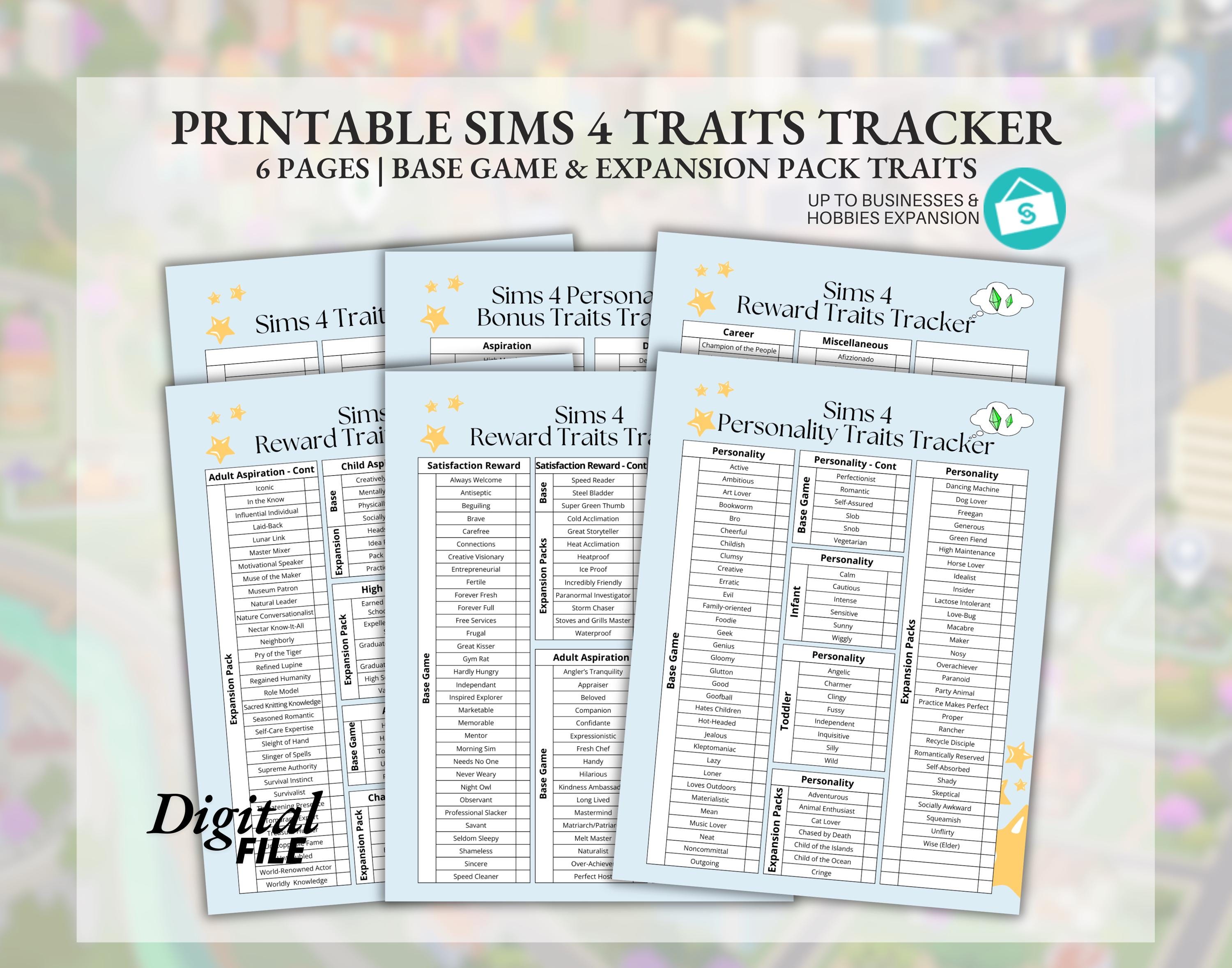 Printable Sims 4 Traits Planner Sheet Bundle Expansion and Base Game ...