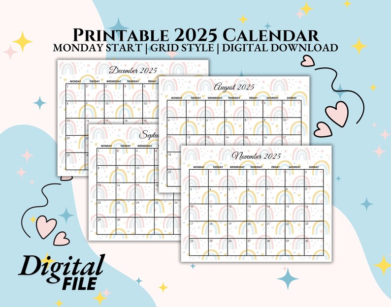 Rainbow 2025 Printable Calendar Monday Start Sunday Start Beautiful ...