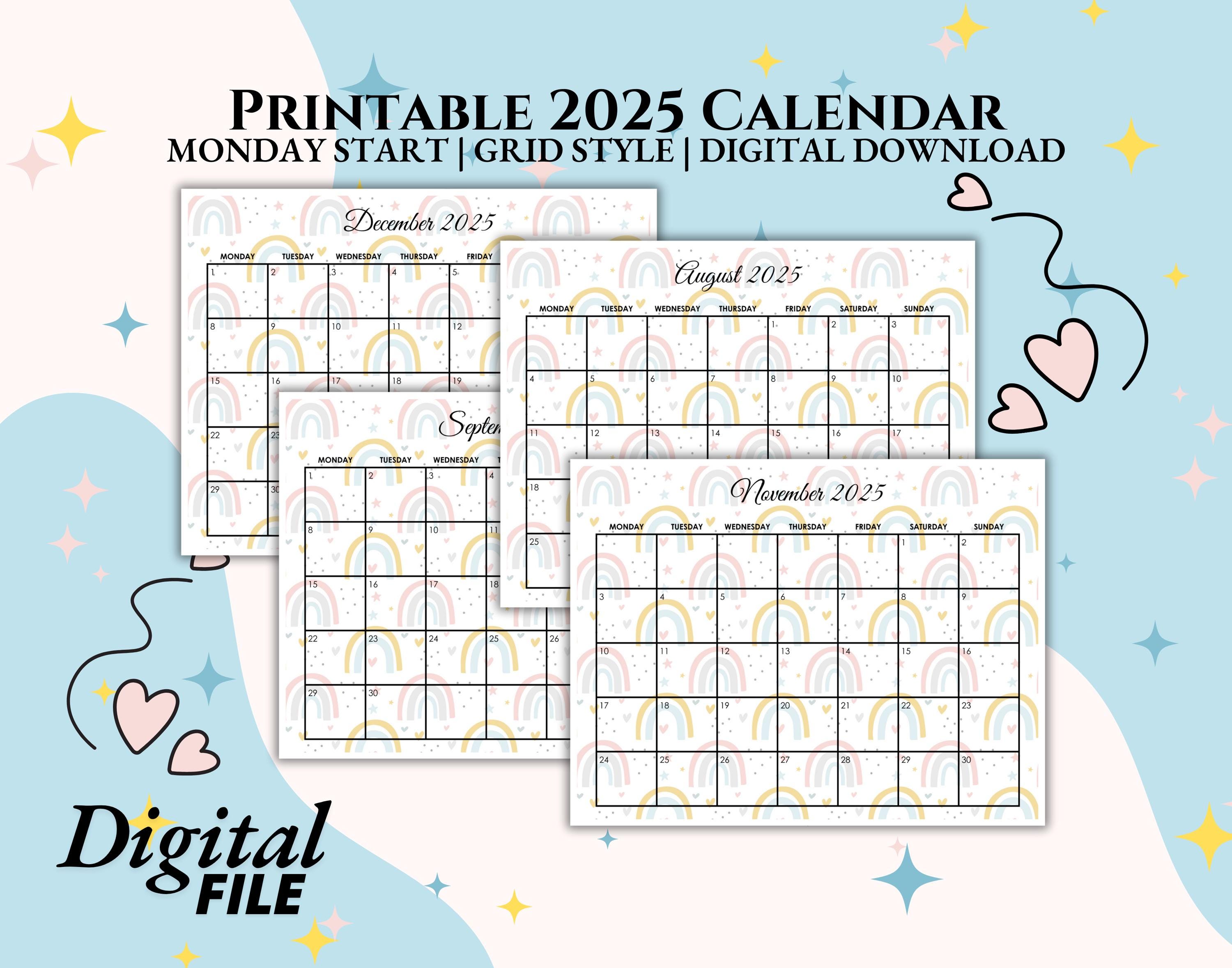 Rainbow 2025 Printable Calendar Monday Start Sunday Start Beautiful ...