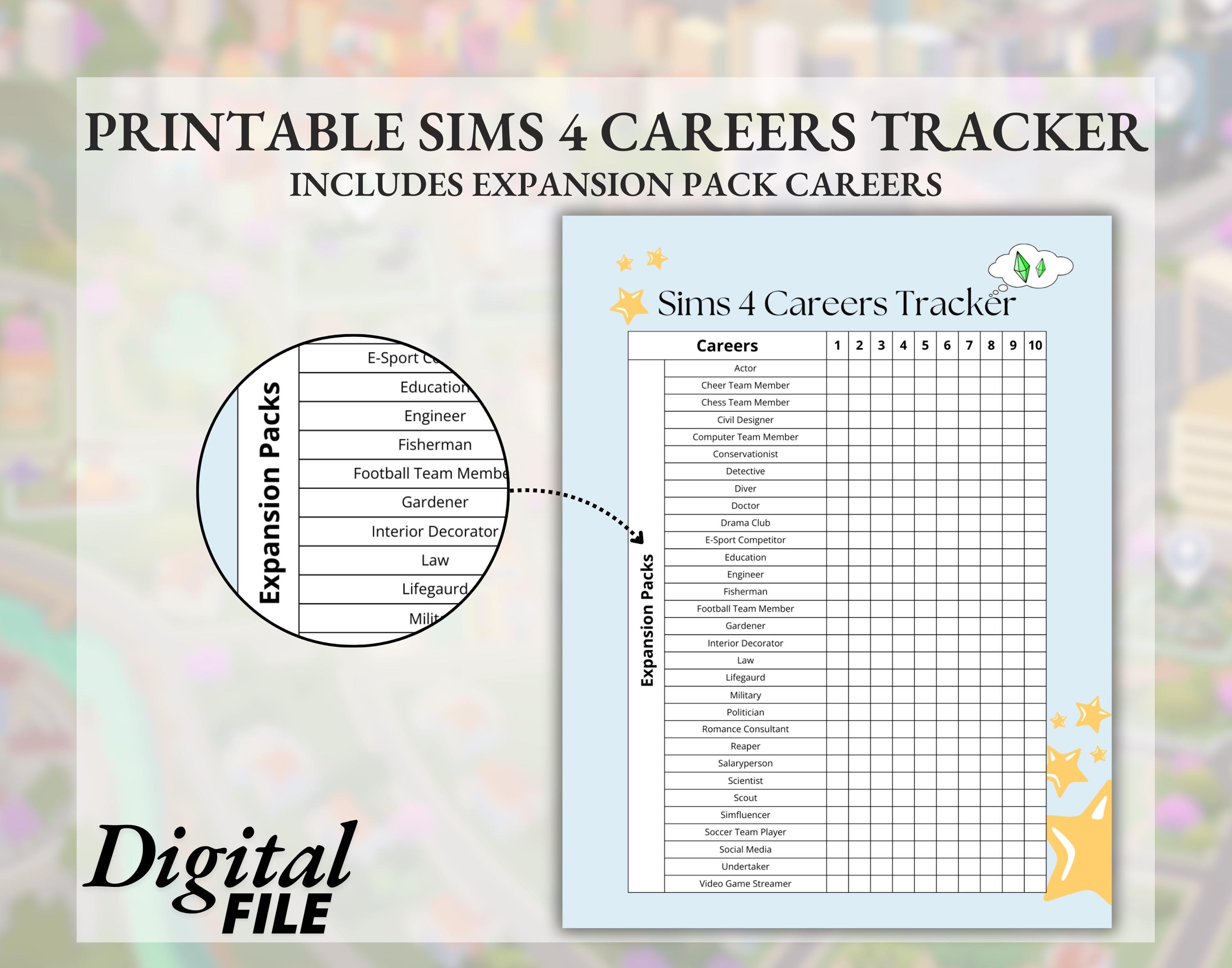 Printable Sims 4 Career Tracker Planner Sheet Bundle Expansion and Base ...