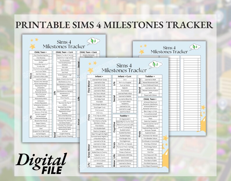 Printable Sims 4 Milestones Tracker Planner Sheet Bundle - Expansion ...