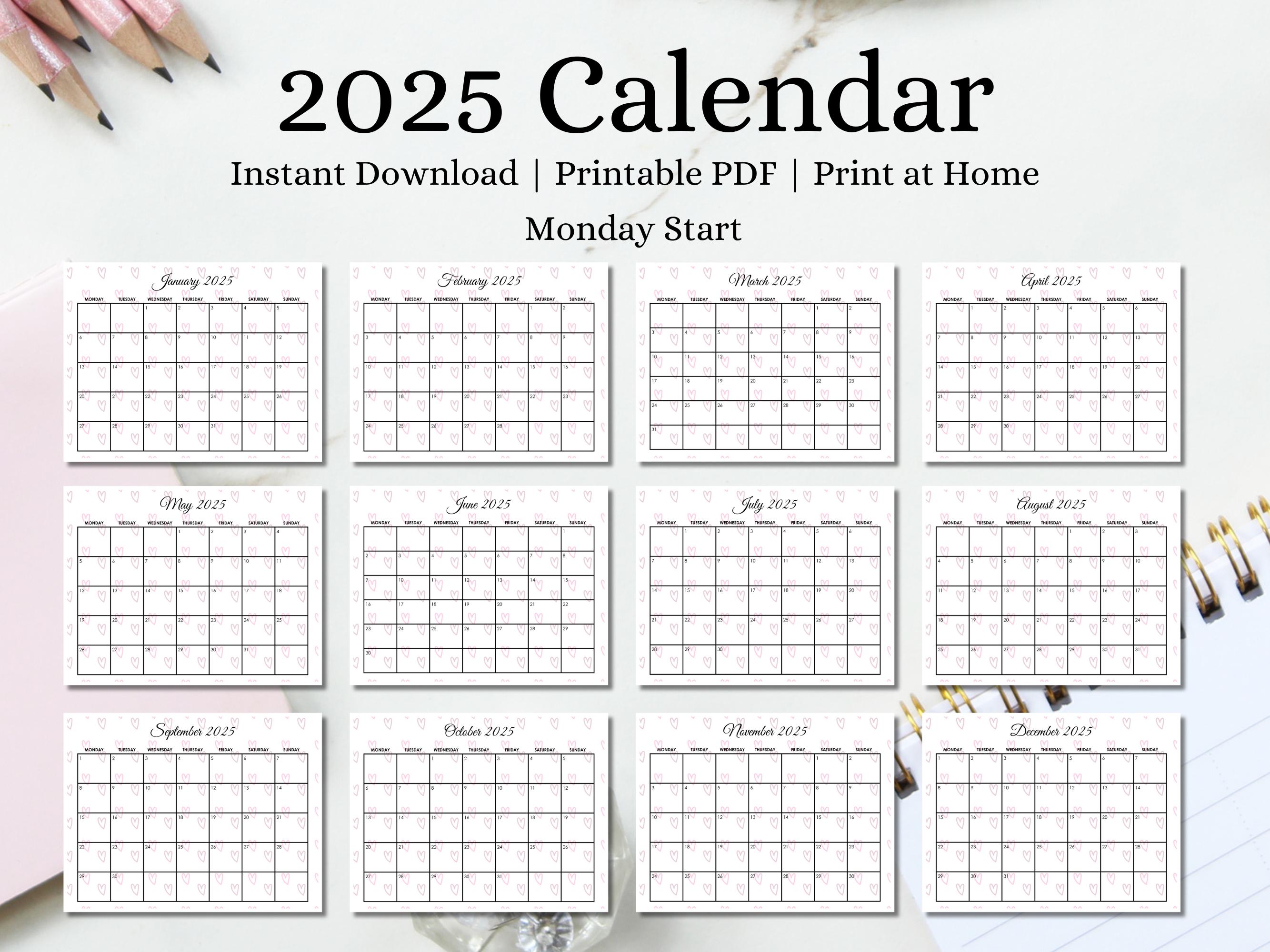 Printable 2025 Calendar - Cute Pink Heart Theme - Monday & Sunday Start ...