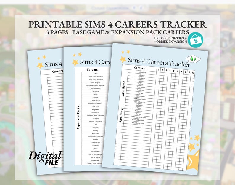 Printable Sims 4 Career Tracker Planner Sheet Bundle Expansion and Base ...