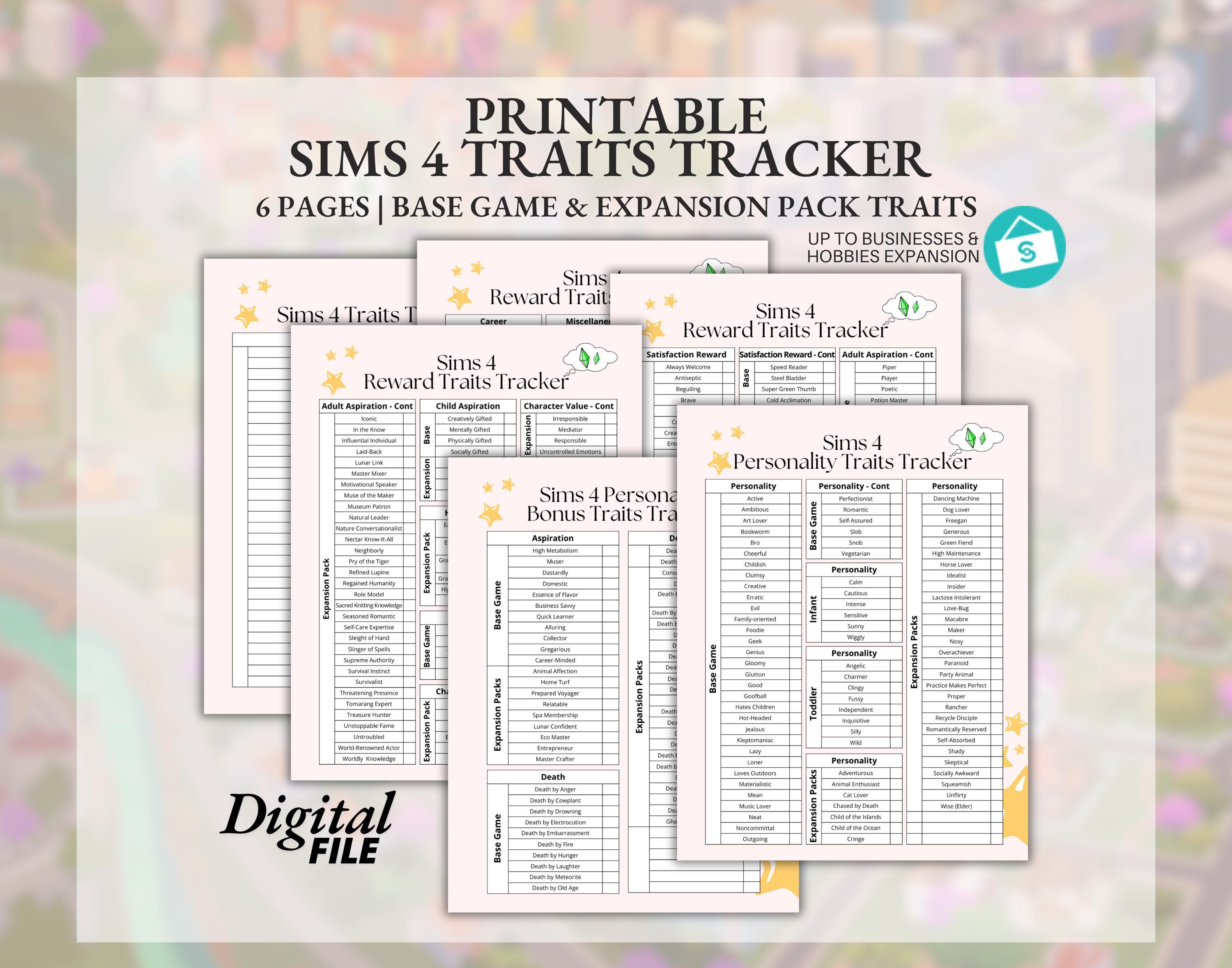 Cute Printable Sims 4 Traits Planner Sheet Bundle - Expansion and Base ...
