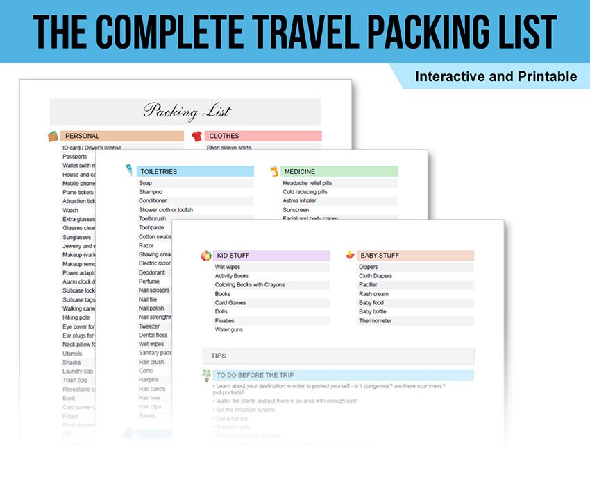 The Complete Travel Packing List - Interactive and Printable - Etsy
