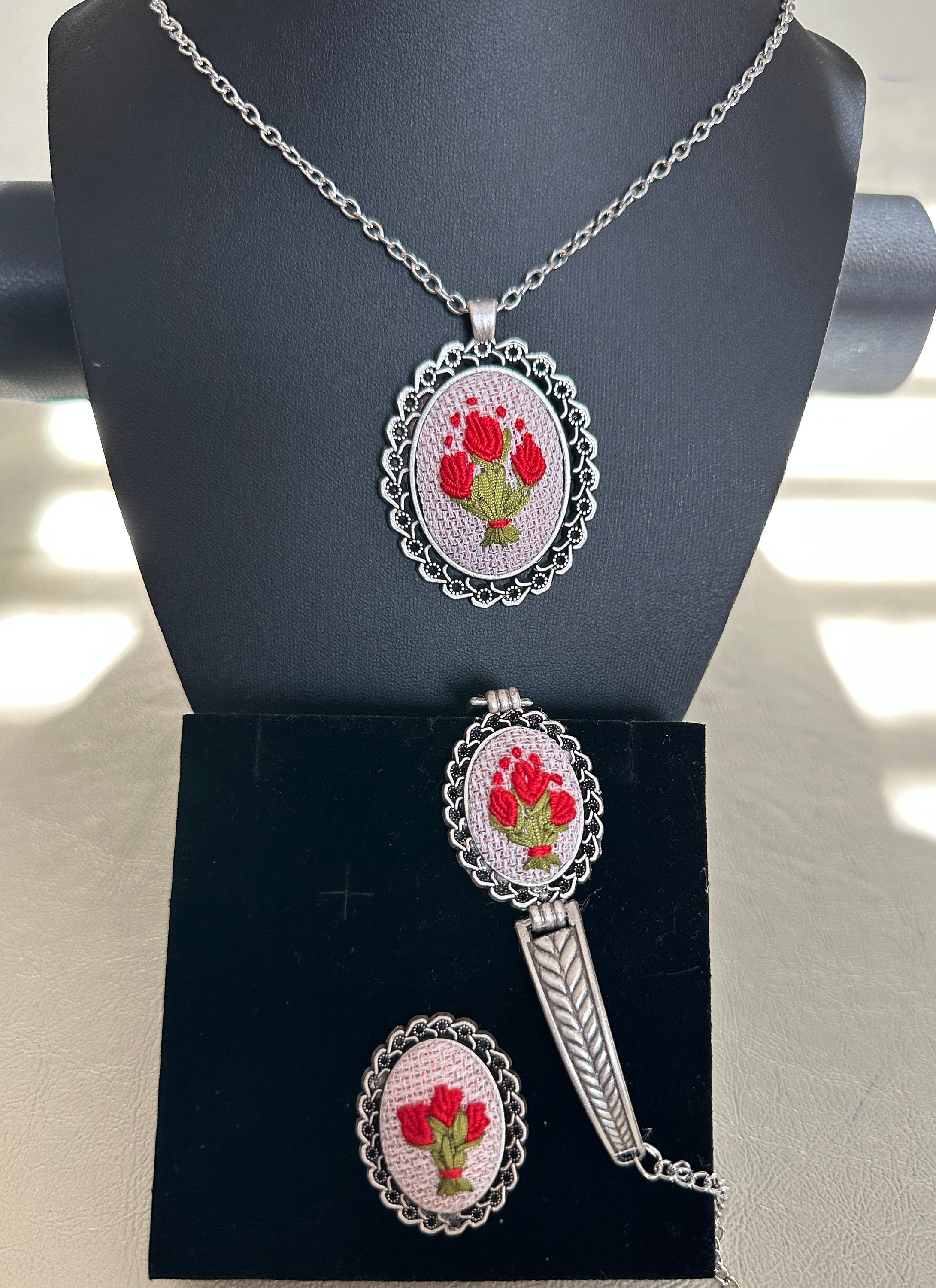 100% Handmade Embroidered Jewelry Set Necklace, Ring, Bracelet, Silver ...