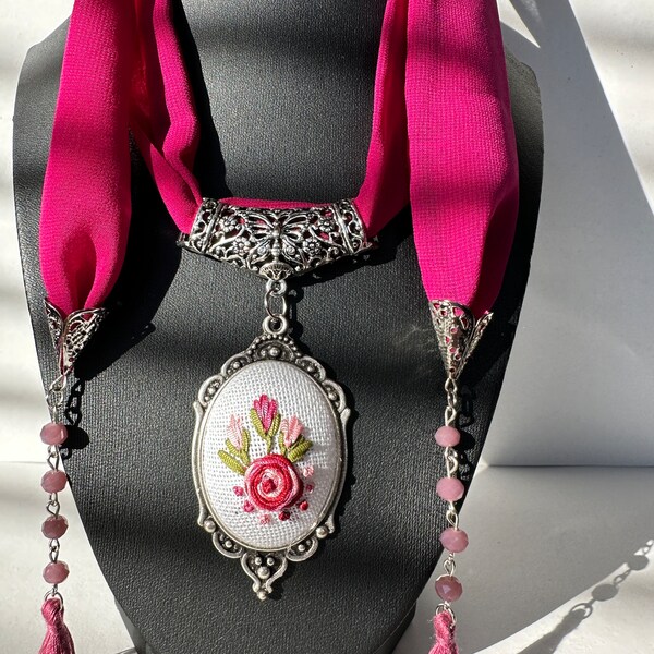 100% Handmade Embroidered Necklace With Cottagecore Copper Chain Rustic ...