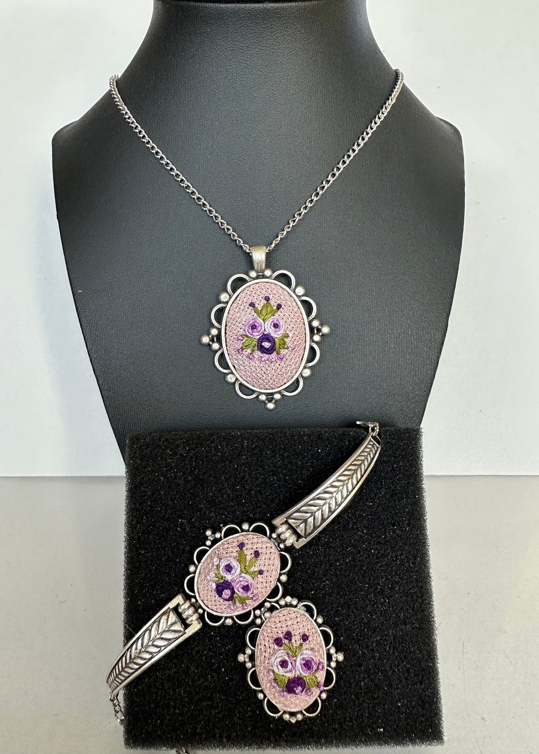 100% Handmade Embroidered Jewelry Set - Necklace, Ring, Bracelet ...