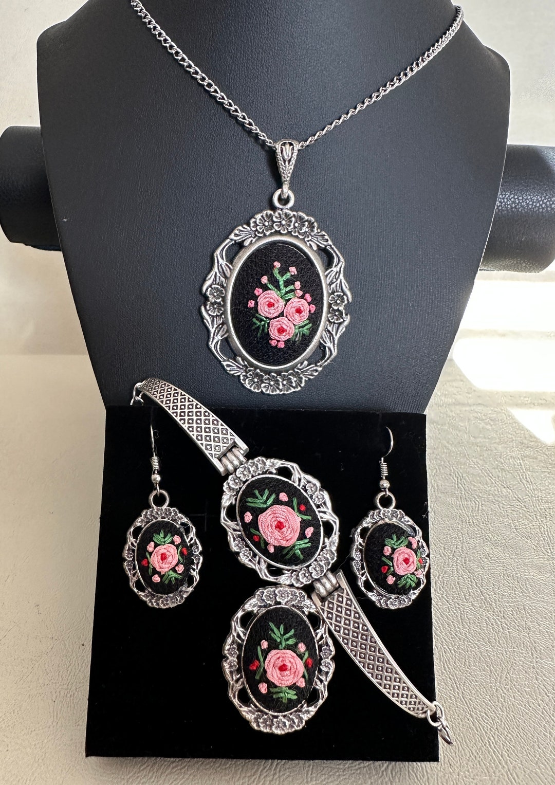 100% Handmade Embroidered Jewelry Set - Necklace, Ring, Bracelet ...