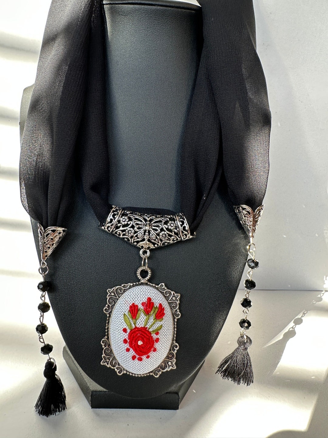 100% Handmade Embroidered Fular Necklace With Silver Plated Pendent ...