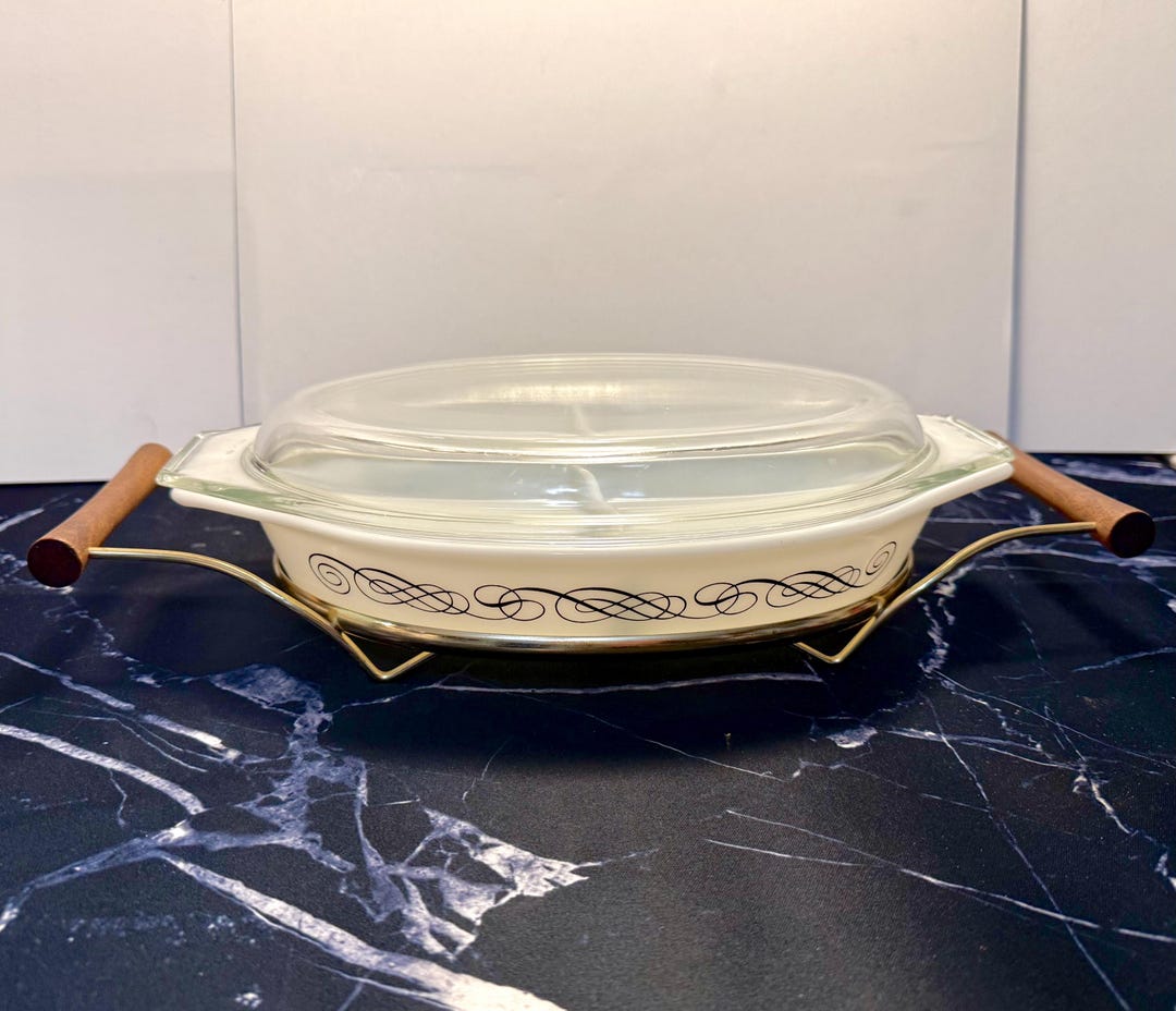 Vintage 1960’s Pyrex Promotional Pattern Black Scroll Divided Casserole ...