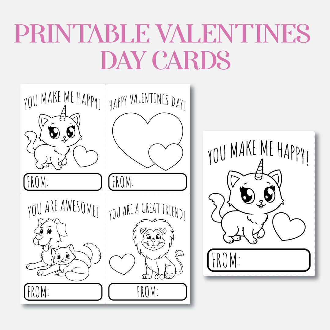 Editable Valentines Day Printable Coloring Cards K-5 Cute Animals Set ...