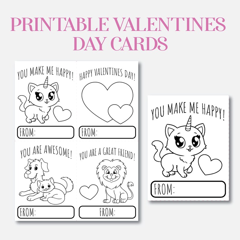 Editable Valentines Day Printable Coloring Cards K-5 Cute Animals Set ...