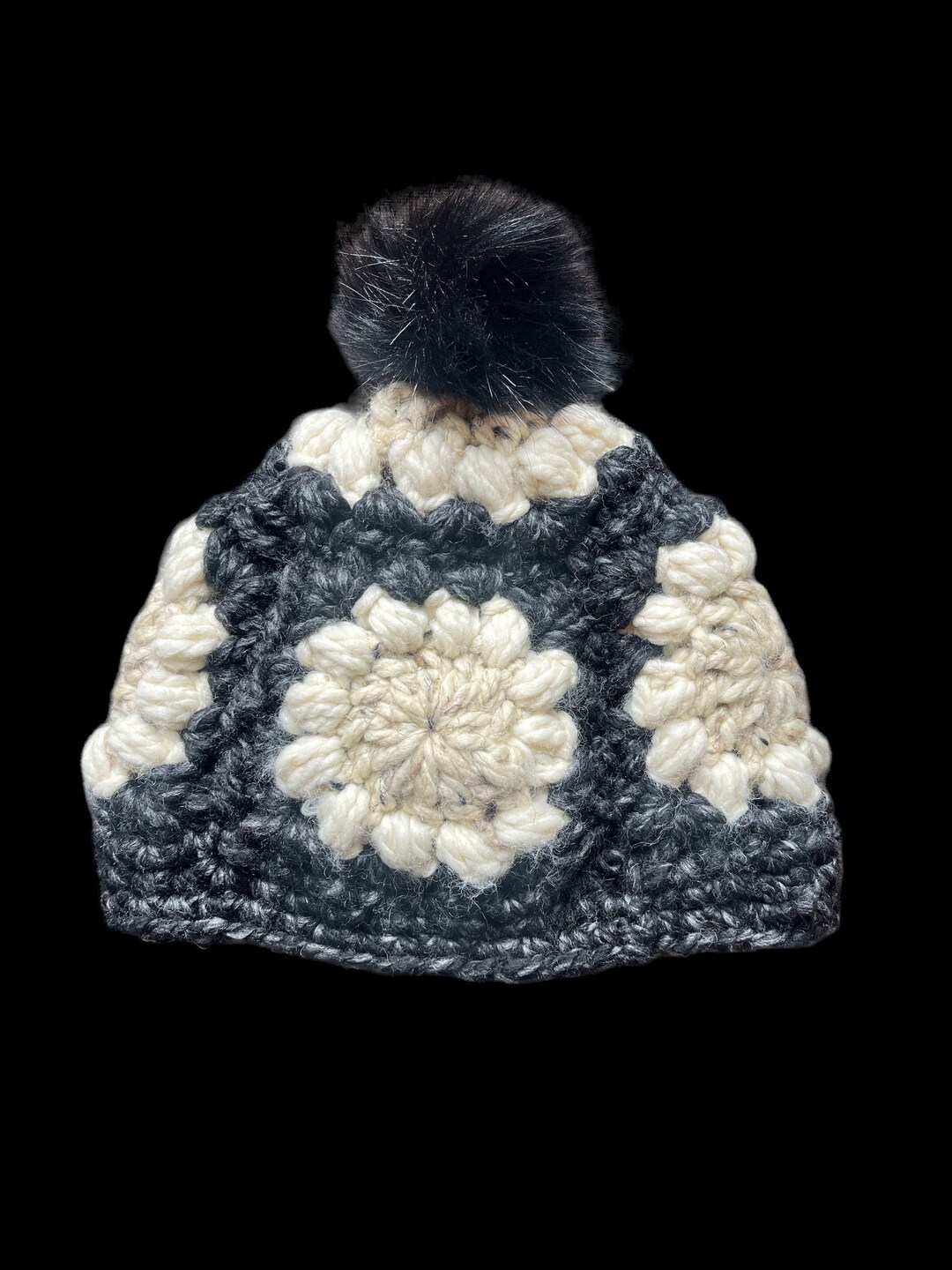 Granny Square Black and Beige Winter Hat With Black Pom Pom for Fall Crochet Handmade Hat Super ...