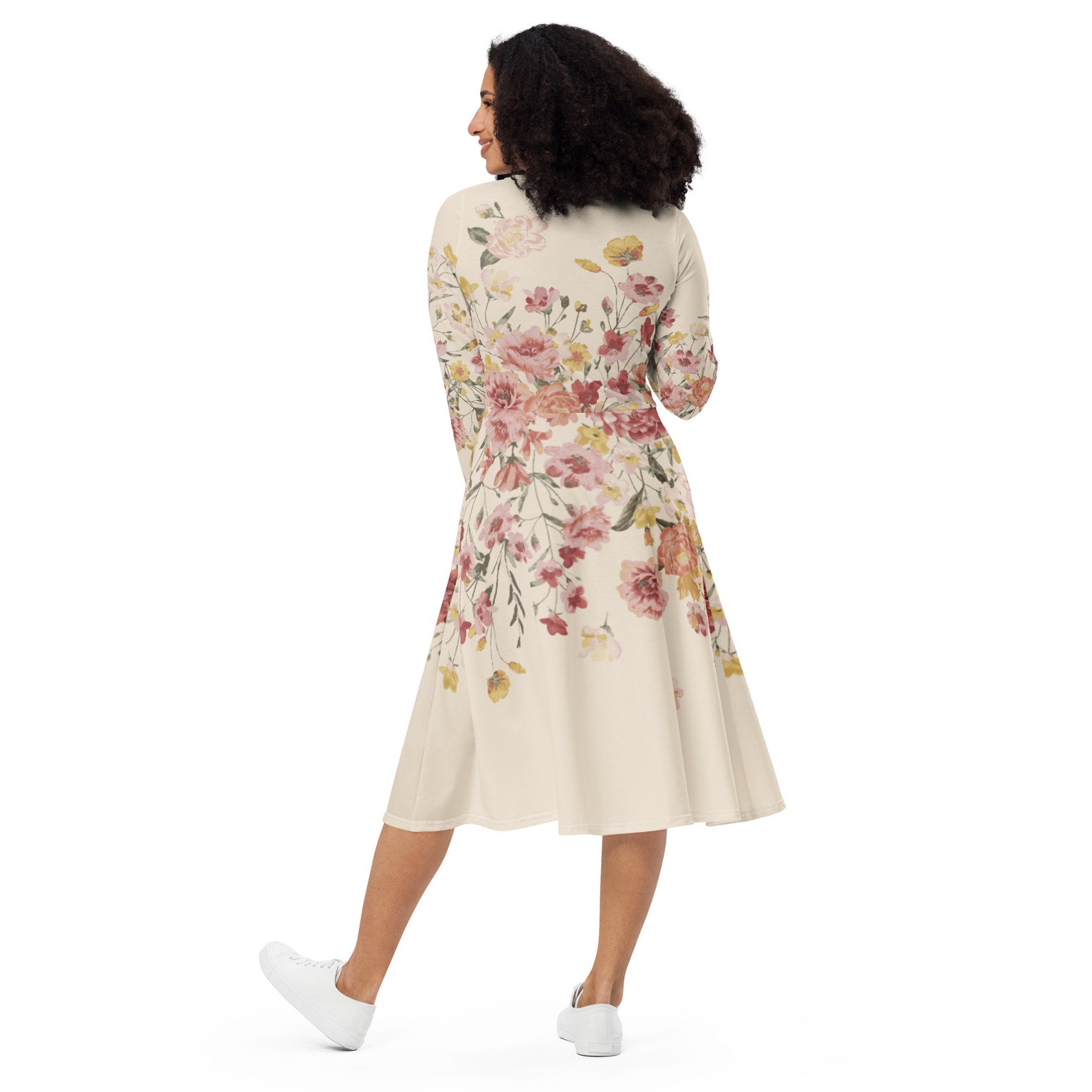 Floral Midi Dress, Mid Length Sun Dress With Pockets, Calf Length Midi ...