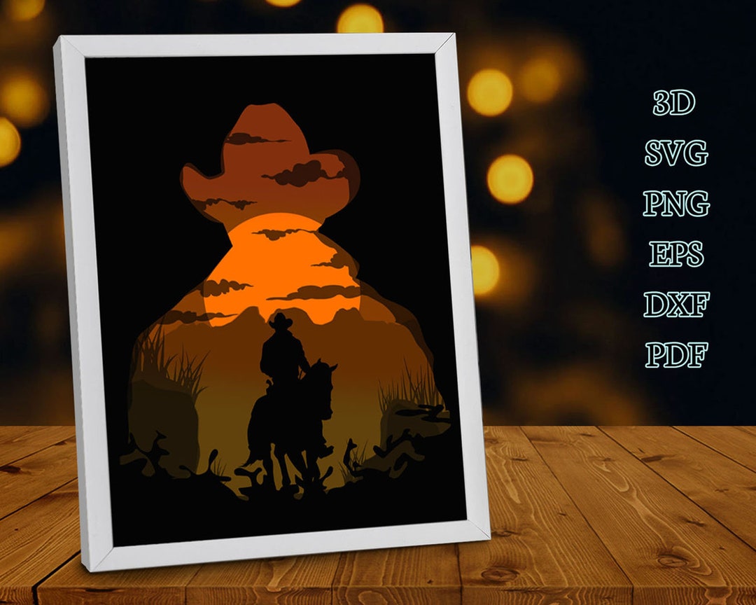 3D Cowboy Western Sunset Shadow Box Svg Western Svg - Etsy