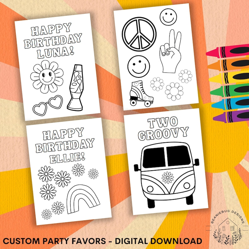 Custom Groovy Coloring Pages Party Favors Printable Retro - Etsy