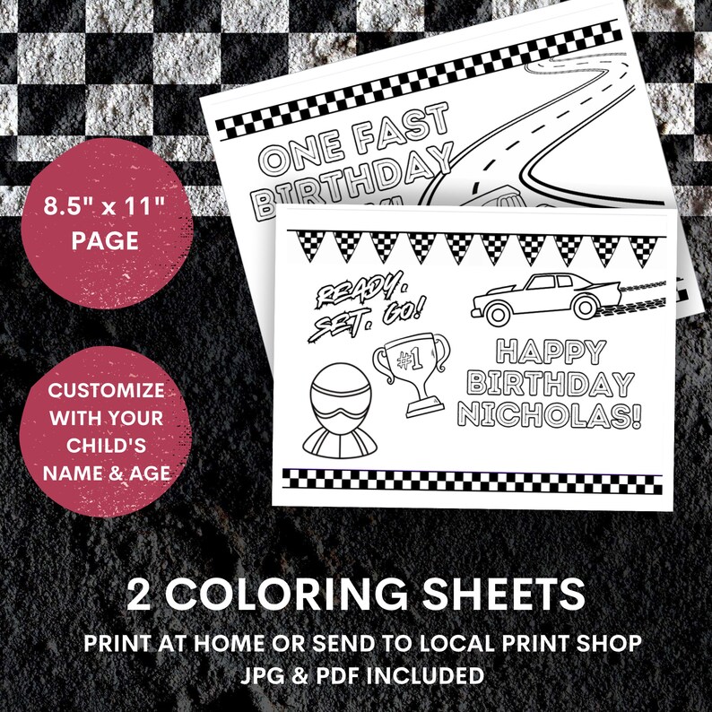 Custom Race Car Coloring Pages Party Favors Printable, Birthday Party ...