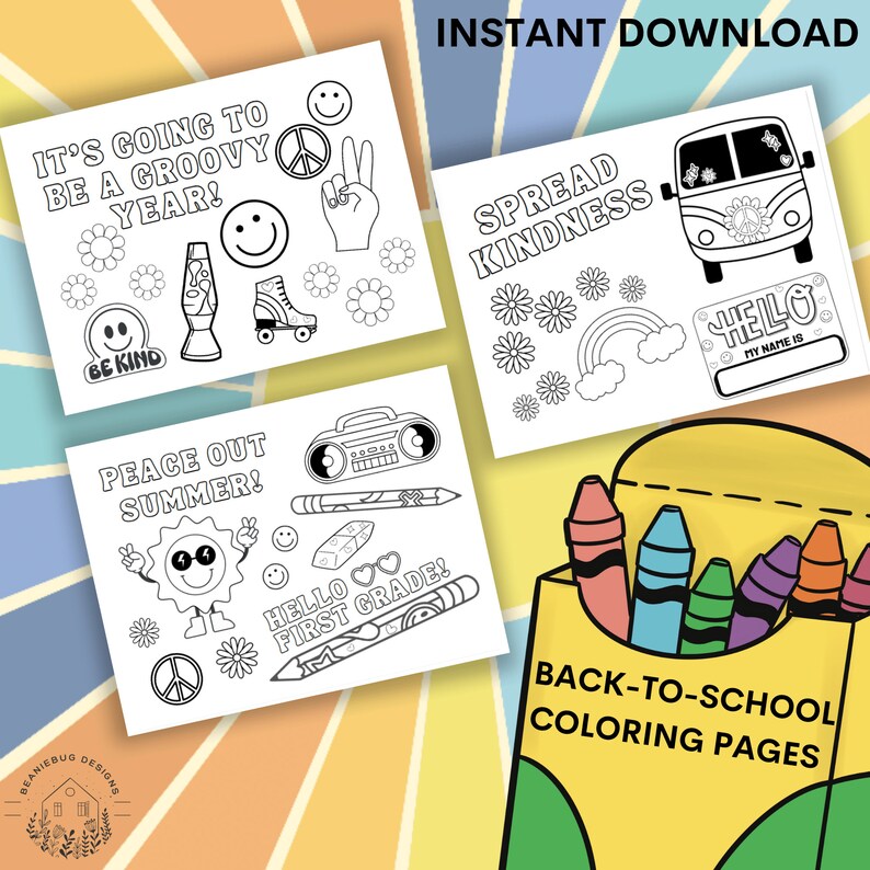 Back-to-school Groovy Coloring Pages PDF Printable, Welcome Retro ...