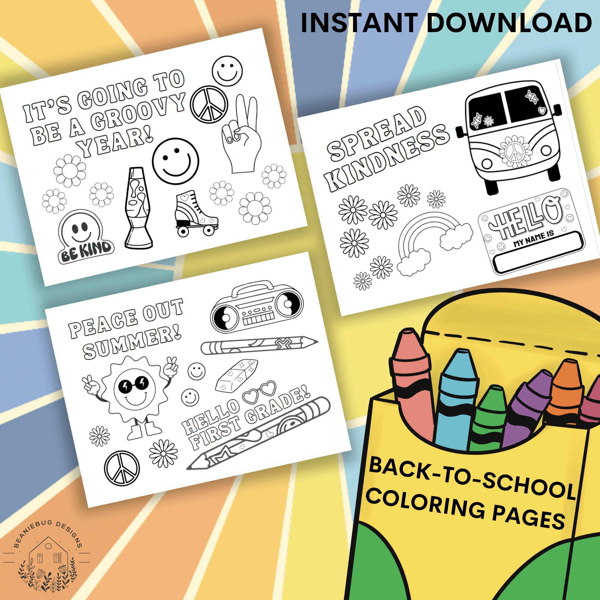 Back-to-school Groovy Coloring Pages PDF Printable, Welcome Retro ...