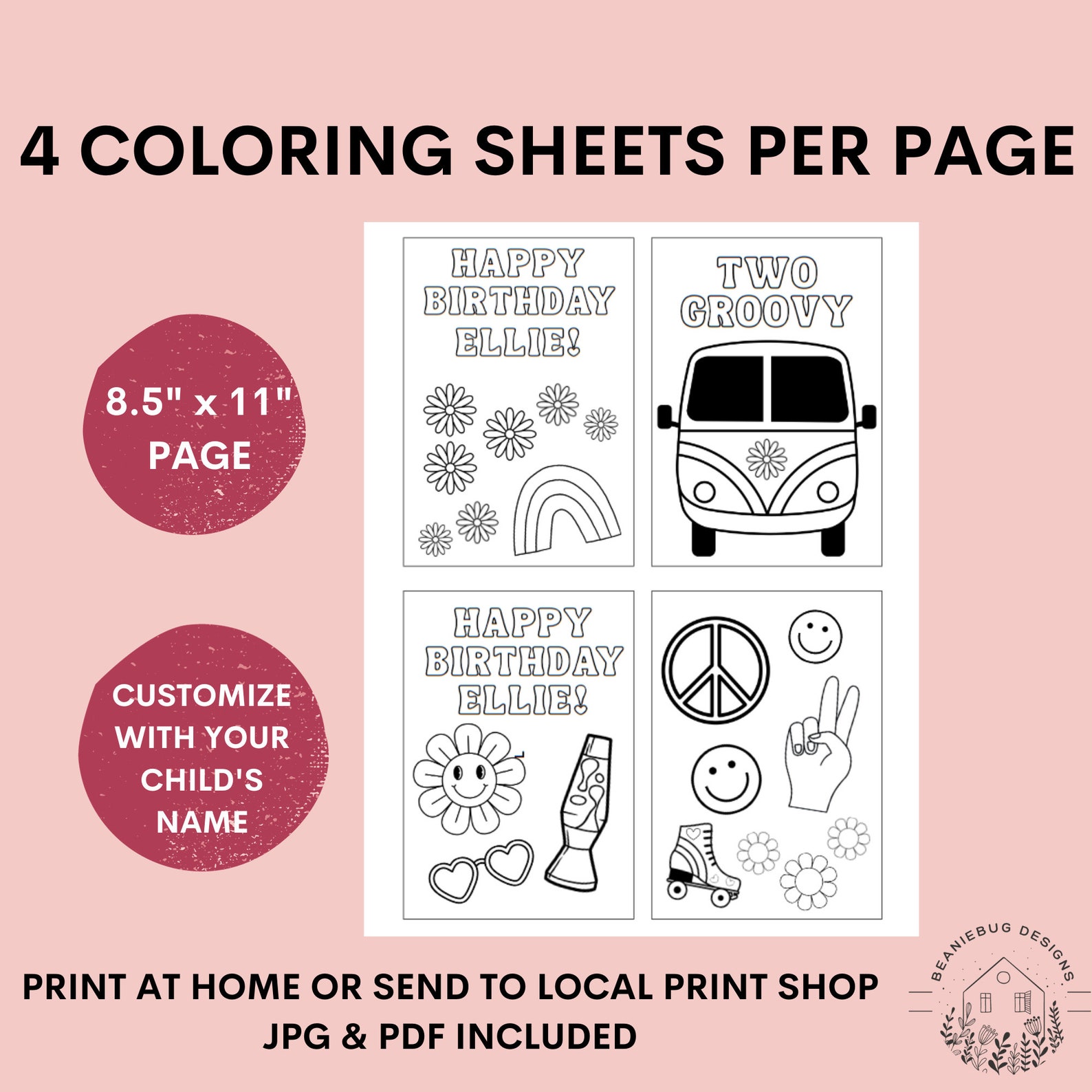 Custom Groovy Coloring Pages Party Favors Printable, Retro Birthday ...