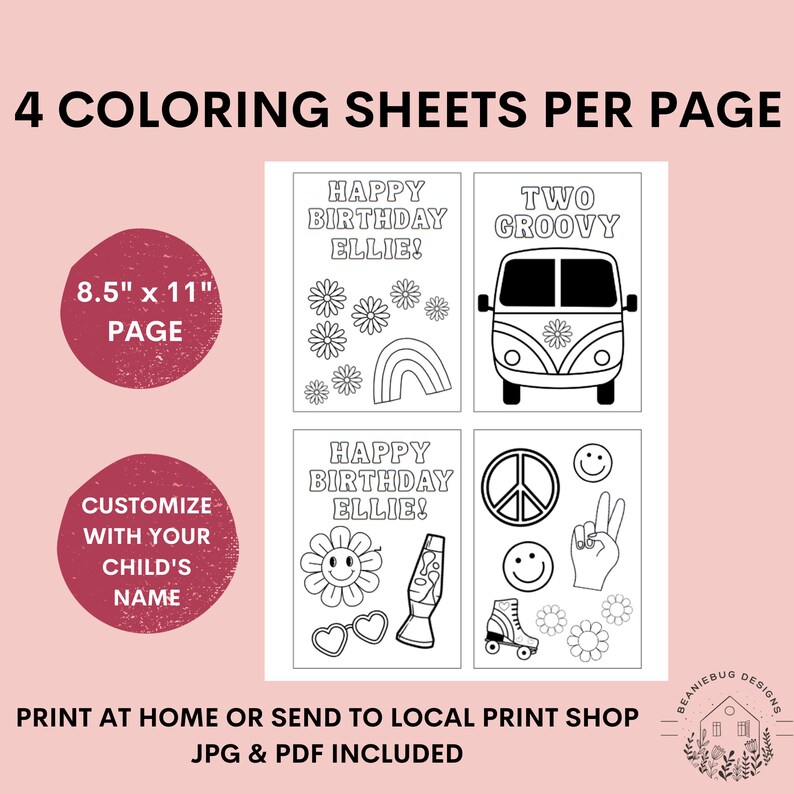 Custom Groovy Coloring Pages Party Favors Printable, Retro Birthday ...