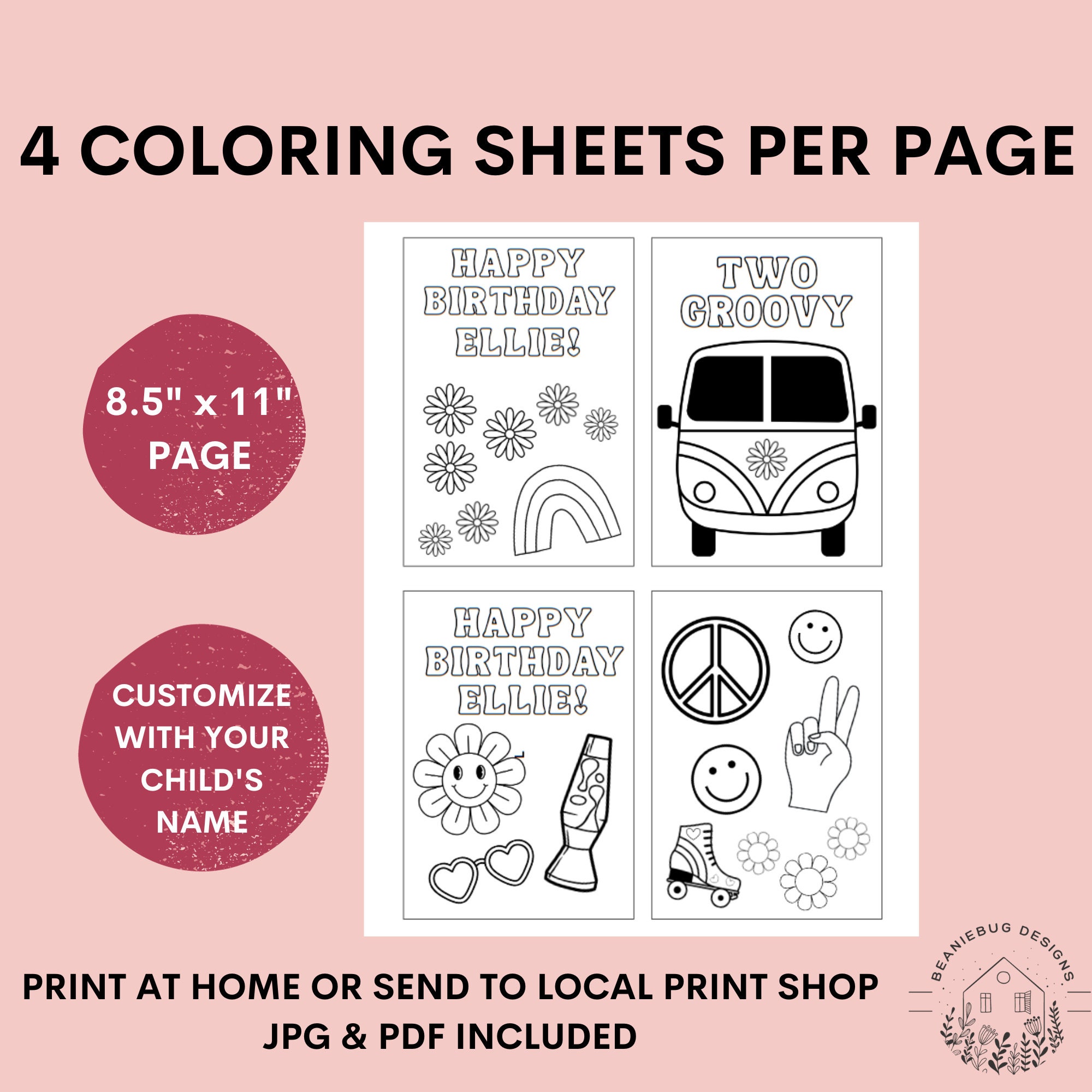 Custom Groovy Coloring Pages Party Favors Printable, Retro Birthday ...