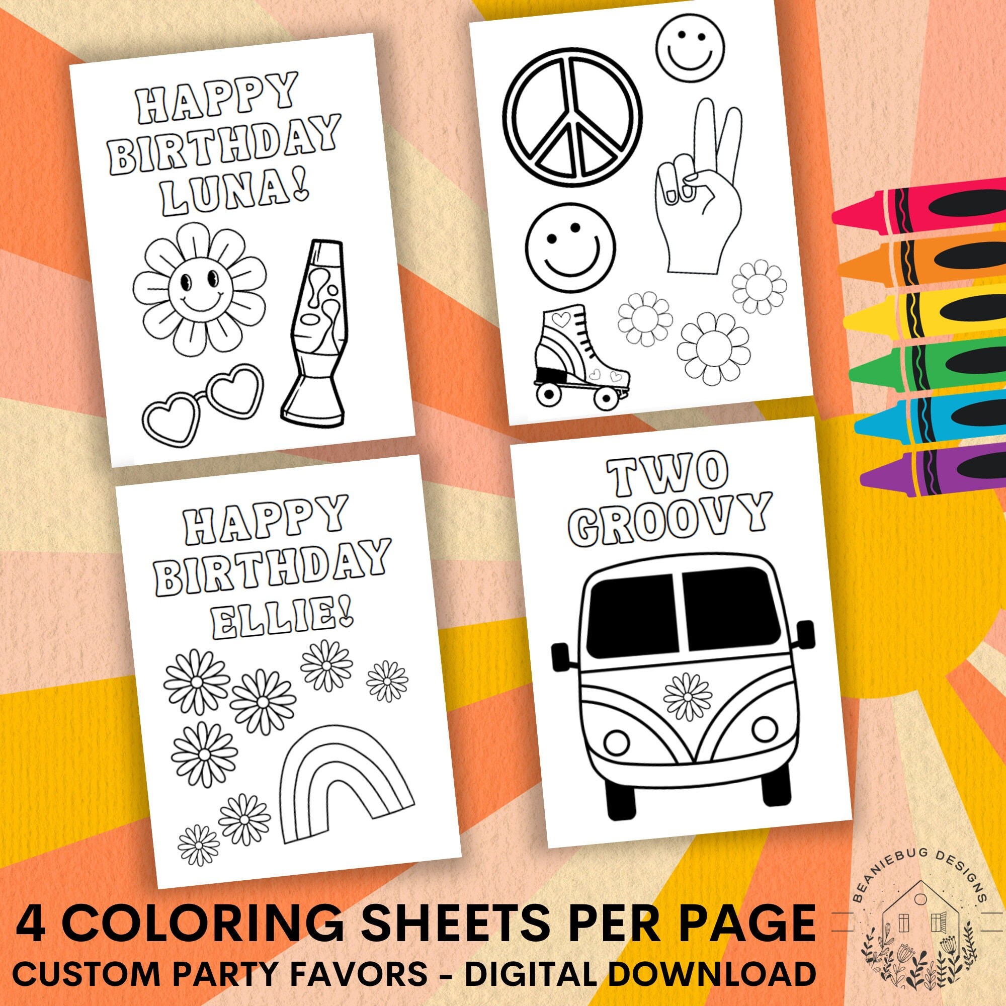 Custom Groovy Coloring Pages Party Favors Printable, Retro Birthday ...