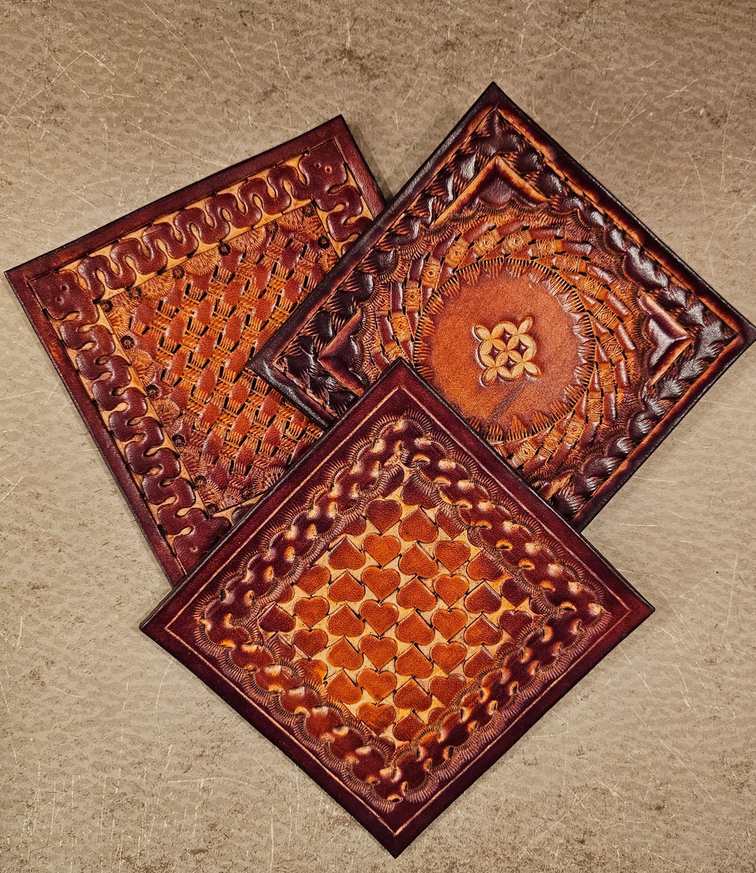 Hand-tooled Leather Coasters Set of 3 - Etsy