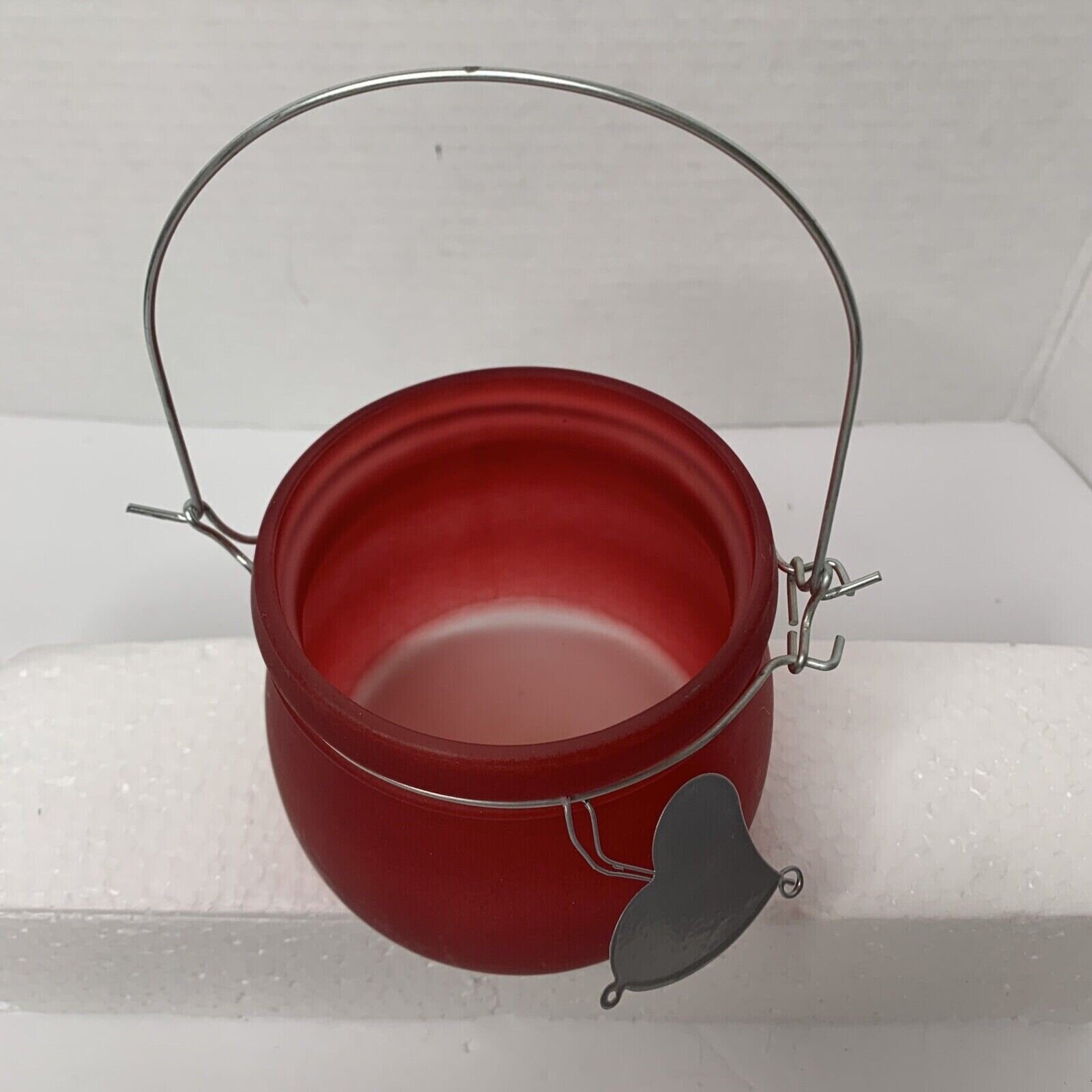 Red Frosted Glass Jar With A Metal Handle Metal Heart Candy Etsy