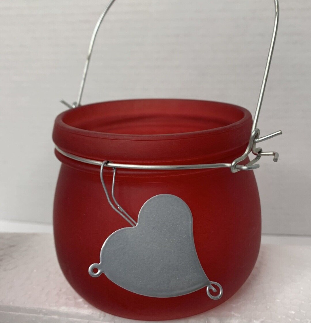 Red Frosted Glass Jar With A Metal Handle Metal Heart Candy Dish or ...