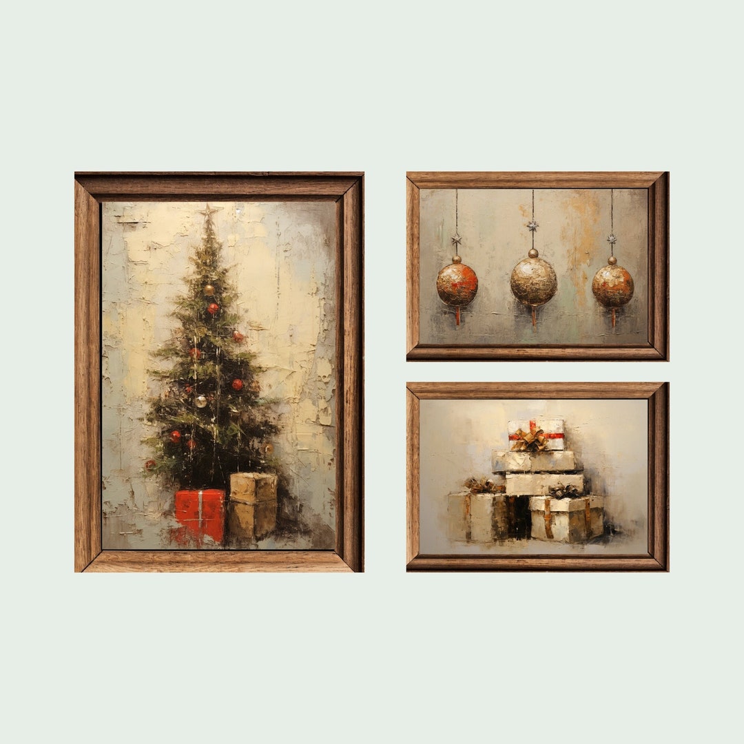 Vintage Christmas Painting Rustic Wall Art Christmas Wall Art Set of 3 ...
