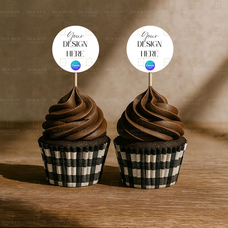 Checkered Cupcake Topper Mockup Template: Canva Digital Product Display ...