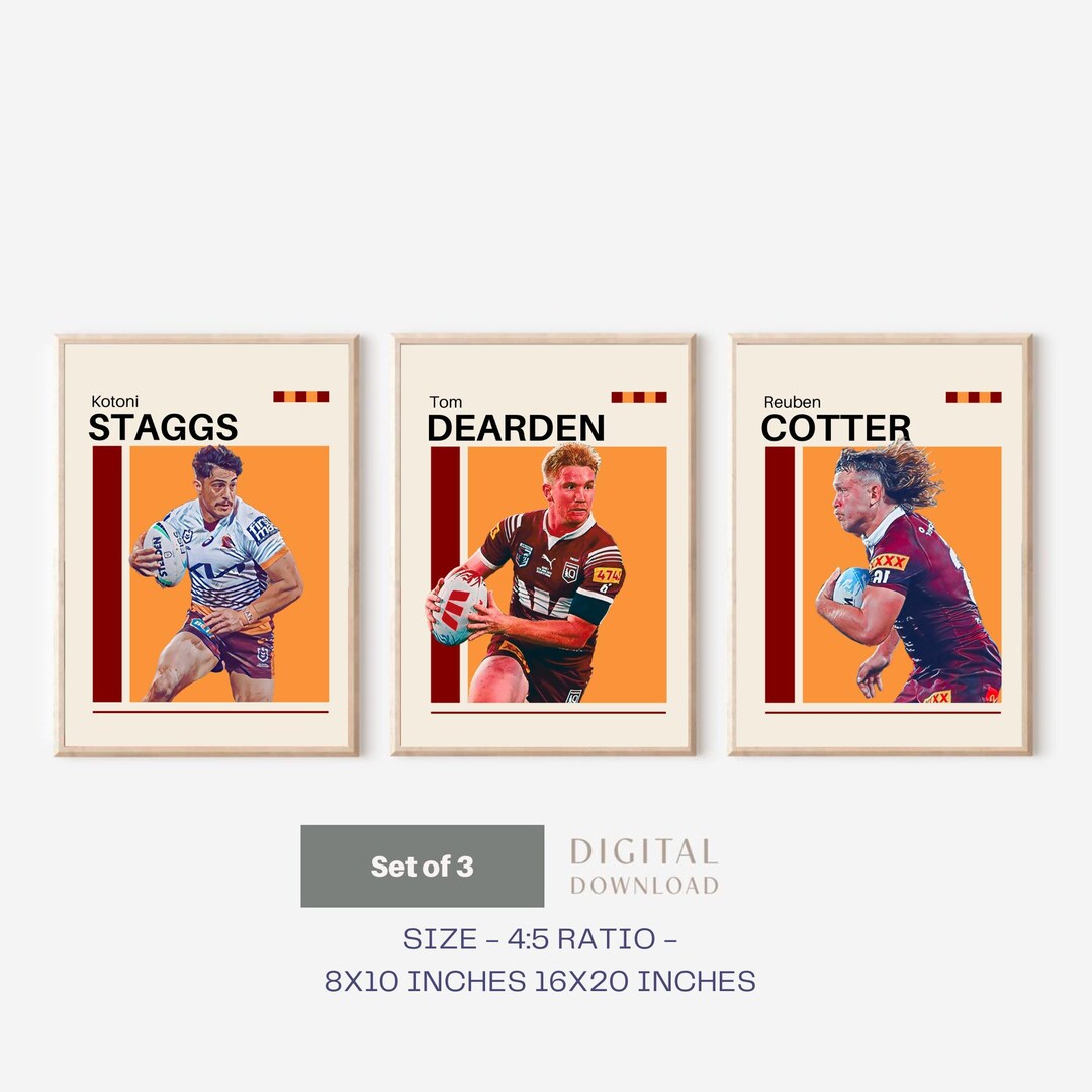 Brisbane Broncos Boys Bedroom Wall Art Set of 3, NRL Player Posters ...