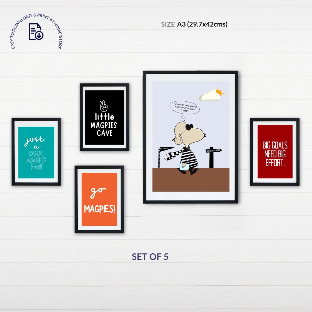 Collingwood Magpies AFL Snoopy Print Set | Digital Wall Art | Cute ...