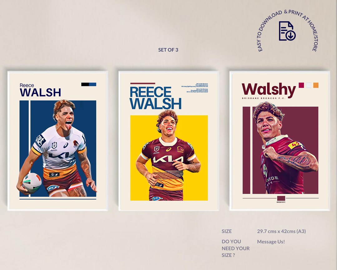 Broncos Reece Walsh Brisbane NRL League Wall Art Gift Rugby Fans ...