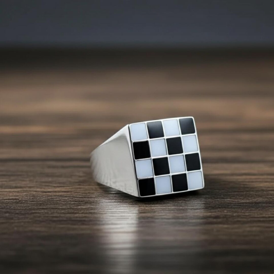 Chess Board Ring Gold Plated 925 Sterling Silver Black White Enamel ...