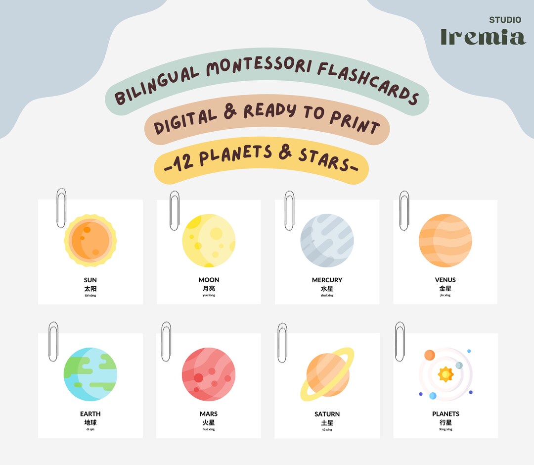 12 Bilingual Planets Flash Cards Montessori Educational Card - Etsy